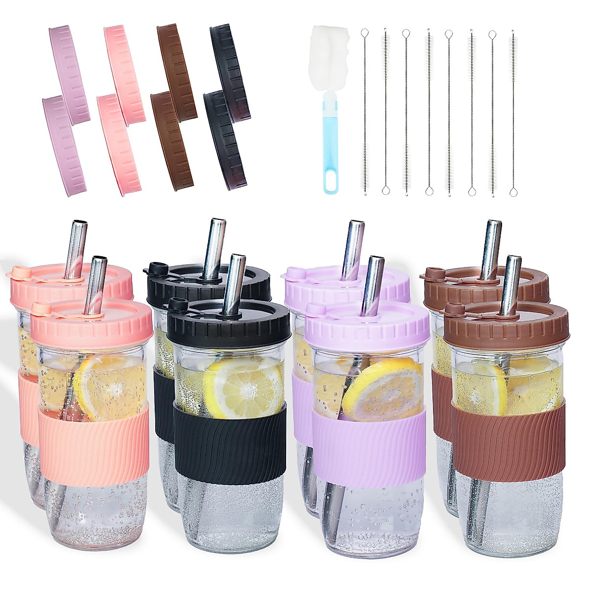 Reusable Boba Cup Bubble Tea Cup 8 Pack, 24Oz Wide Mouth Smoothie Cups with Lid, Silicone Sleeve & Angled Wide Straws, Leakproof Glass Mason Jars Drinking Water Bottle Travel Tumbler for Large Pearl