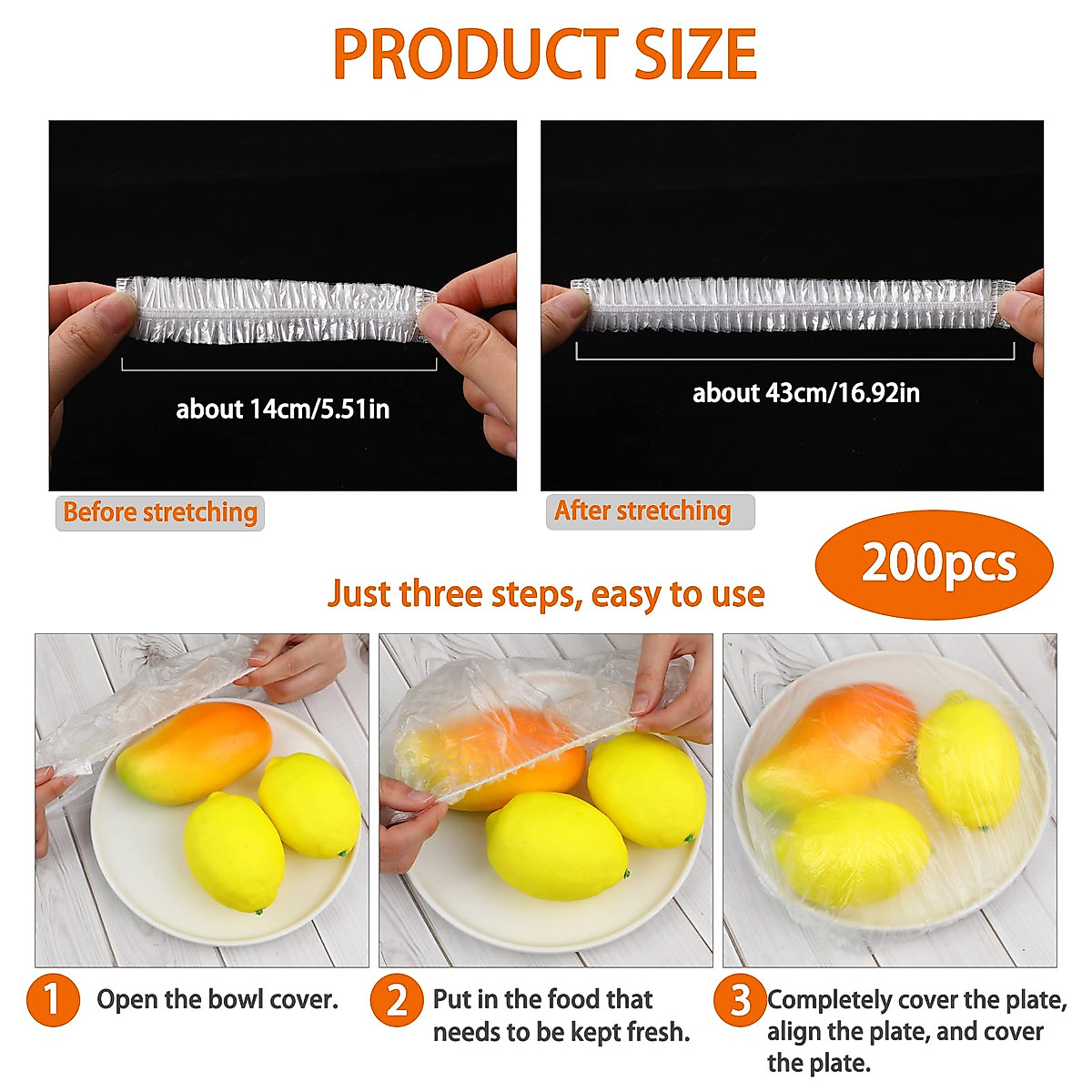 200PCS Plastic Bowl Covers Elastic Reusable Bowl Covers for Food Storage, Stretch Covers for Bowls, Fresh Keeping Bags Stretch Lids Kitchen Wrap Seal Bags for Cover Food