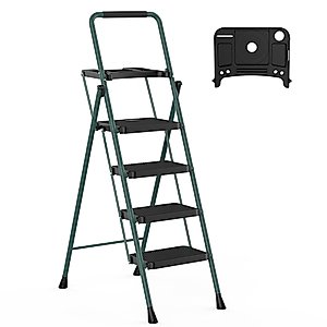 HBTower 4 Step Ladder with Handrails, Folding Step Stool Portable Steel Ladder for Adults for Home Kitchen Library Office, Green