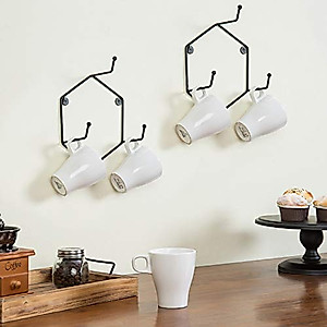 MyGift Wall Mounted Matte Black Metal Coffee Mug Holder Rack with 3 Hooks, Modern Geometric Hanging Mug Holder Set of 6 - Handcrafted in India