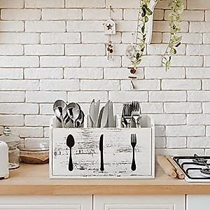 Geelin Kitchen Utensil Holder for Countertop Wood Utensil Holder with 3 Compartments Wood Utensil for Kitchen Counter Rustic White Wood Utensil Caddy Cooking Utensil Organizer