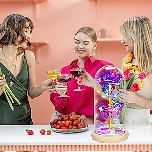 QUNPON Mothers Day Glass Rose Light Up Rose Gifts for Mom Women Birthday Gifts Colorful Rainbow Artificial Flower Rose Gift in A Glass Dome Valentines Mother's Day for Her Women