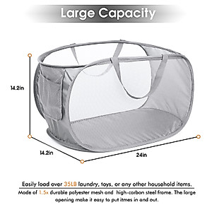 Durable Collapsible Laundry Baskets, Mesh Pop Up Laundry Hamper with Handy Pocket, Foldable Large Space Clothes Hamper with Reinforced Carry Handles for Laundry, Bathroom, Kids Room or Travel Grey