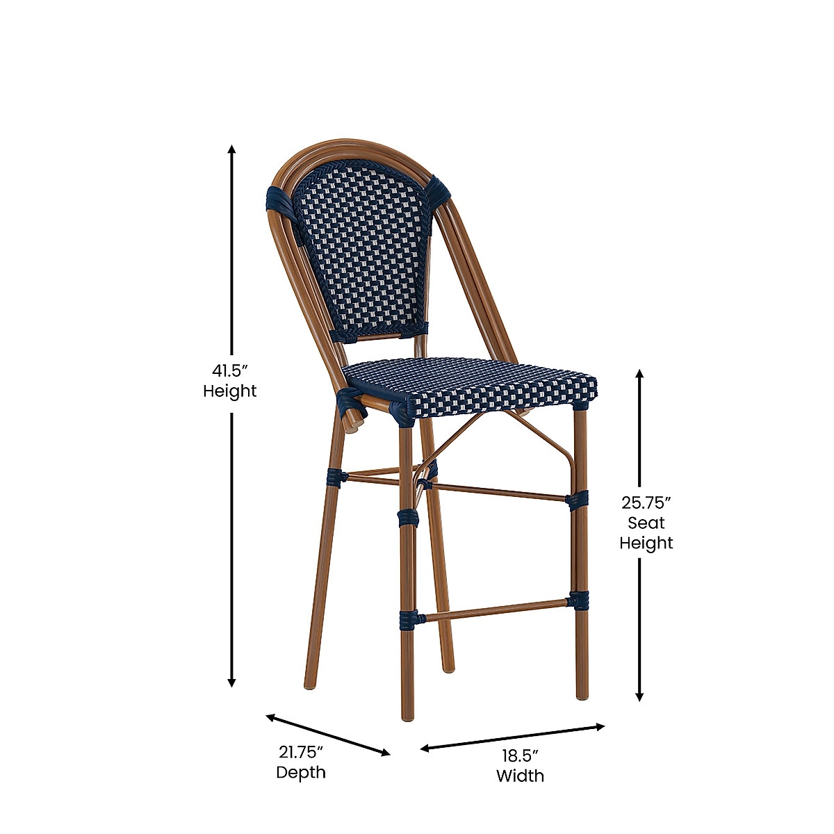 EMMA + OLIVER Soie Bistro Counter Stool - Stacking Indoor/Outdoor PE Rattan Counter Stool with Bamboo Finish Frame - 26" High - Set of Two - Navy/White