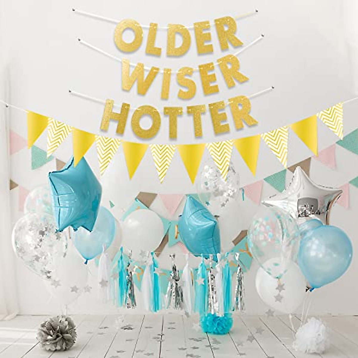 Older Wiser Hotter Birthday Banner, Funny Birthday Decorations for Adults Party Decorations, Happy Birthday Sign Birthday Decorations for Women Men, 30th 40th 50h 60th 70th Birthday Decor Supplies