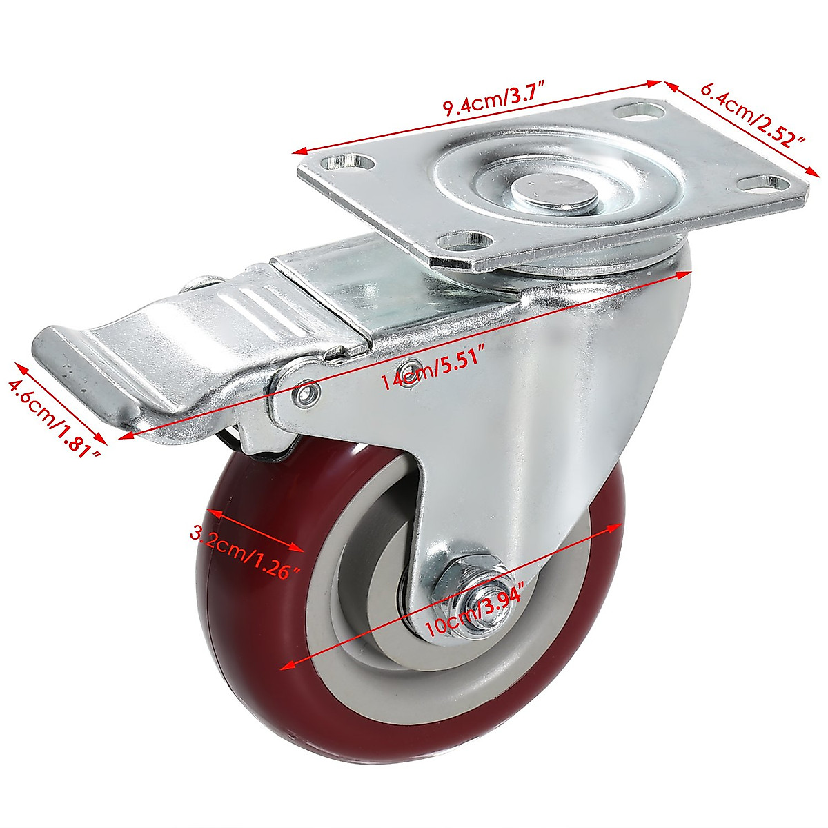 4 Inch Caster Wheels, Set of 4, Heavy Duty Casters Load 2400lbs with Brakes & Top Plate, 360-degree Swivel Casters for Furniture and Workbench Cart (Free Hardware Kit)