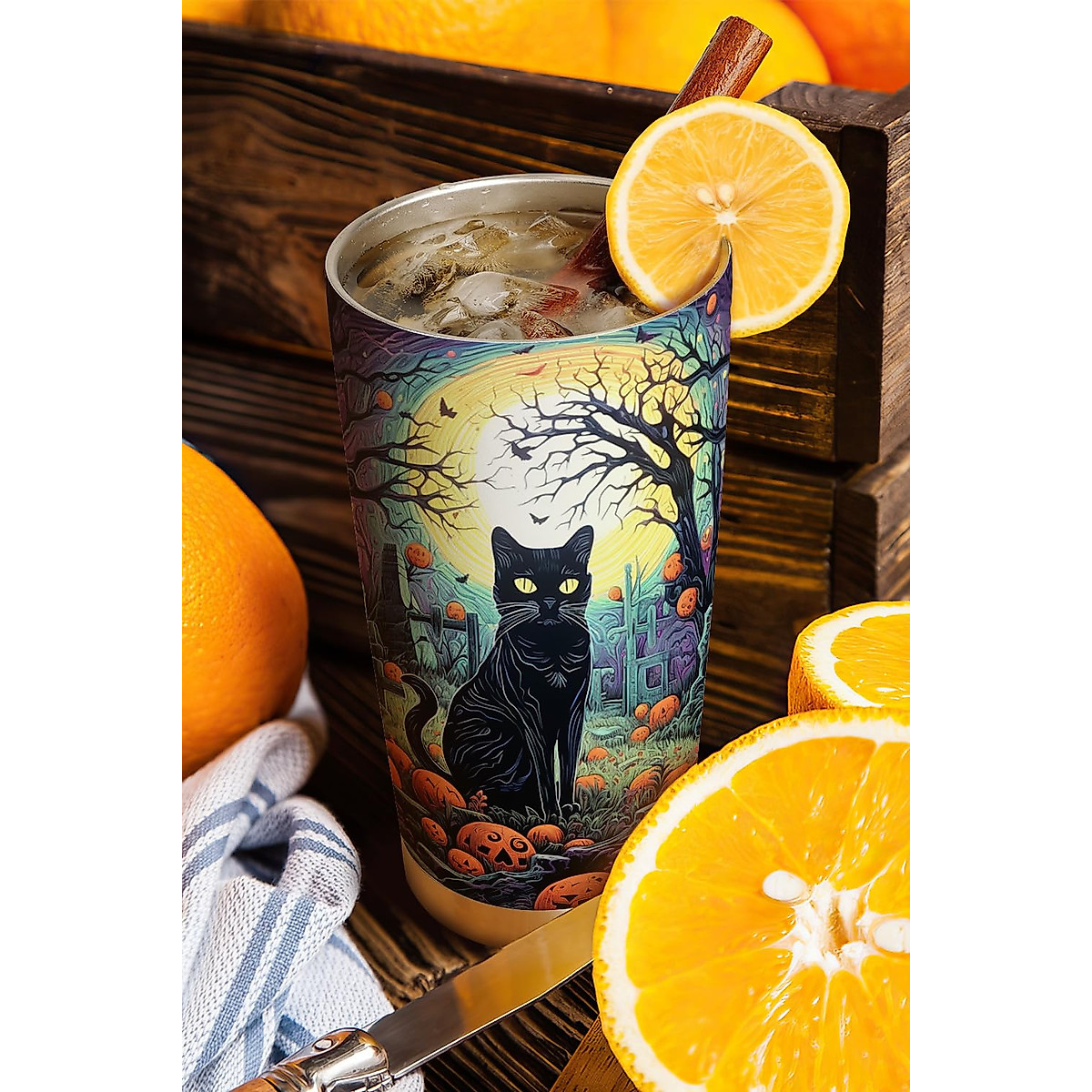 ORCAE 20oz Halloween Pumpkin Ghost Black Cat, Gifts for Cat Lovers, Halloween, Trick or Treat Gifts, Coffee Thermos, Stainless Steel Double Wall Vacuum Insulated Coffee Mug, Travel Cup with Lid - BH