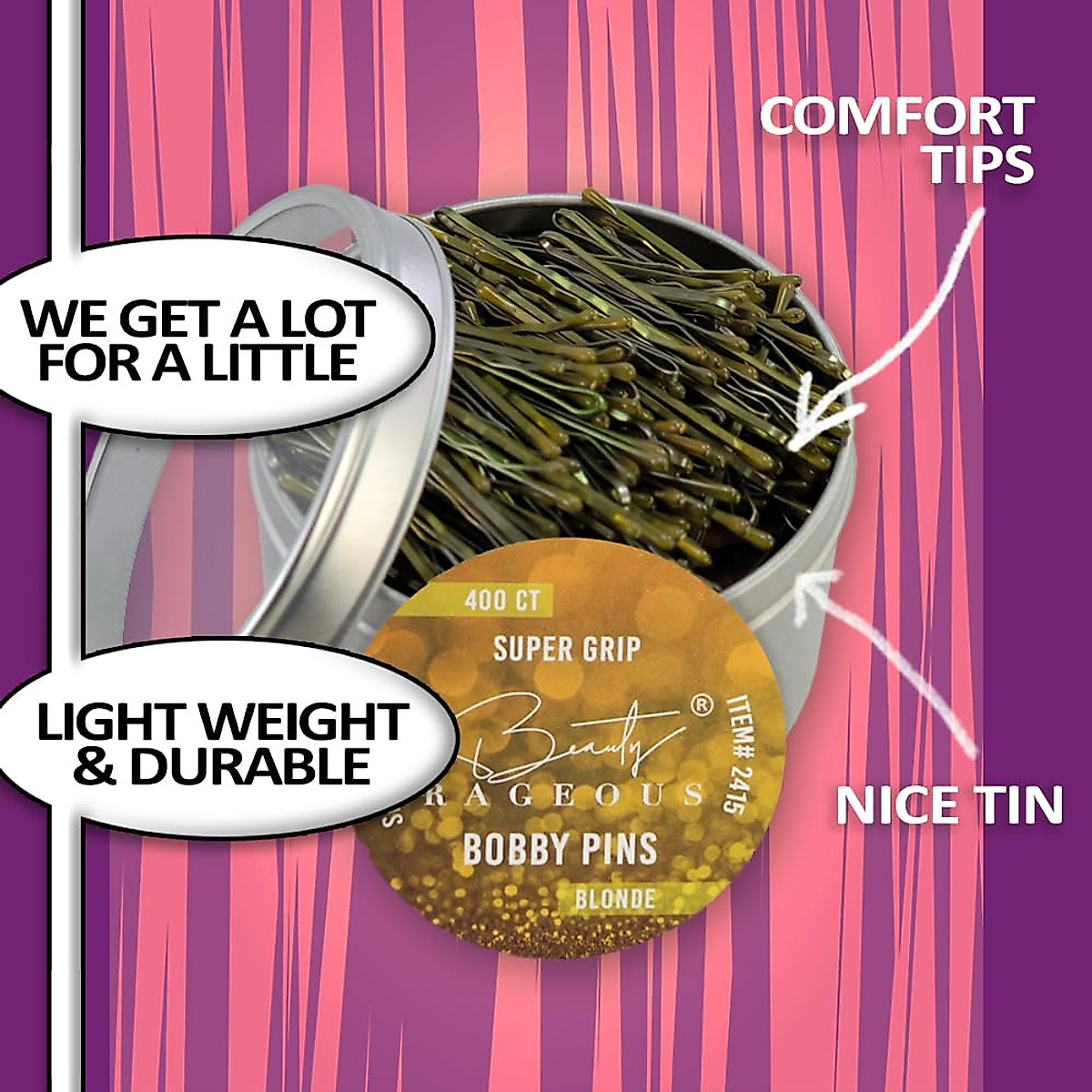 Super Grip Bobby Pins - Women's 1.9 Inch - Easy, Secure, All Hair Types - Handy Reusable Tin (Blonde - 400 Ct Approx)