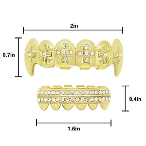 TSANLY Gold Grillz Teeth Set 24k Plated Gold CZ Diamonds Vampire Fangs Grillz Top & Bottom Set Iced Out Grill for Son + Extra Molding Bars + Microfiber Cloth