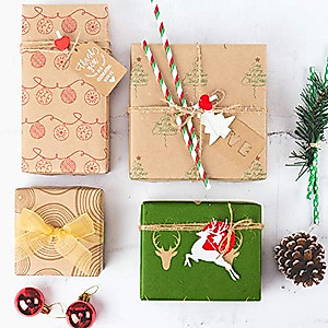RUSPEPA Christmas Wrapping paper - Brown Kraft Paper with Red and Green Pattern For -Christmas Elements Collection-6 Roll-30Inch X 10Feet Per Roll