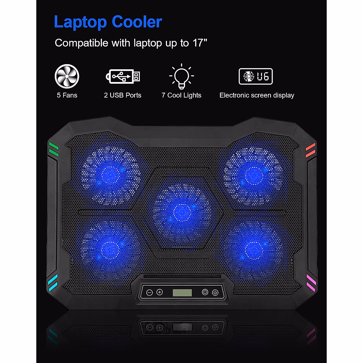 Laptop Cooling Pad with 5 Cooling Fans, Laptop Fan Cooling Pad for 14-17 Inch, Gaming Laptop Cooler Stand with 6 Height Adjustable, Notebook Cooler Pad with Two USB Port [2022 Version]