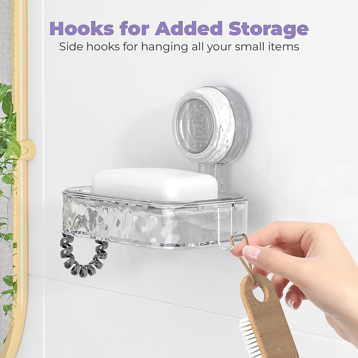 KatiKaddy Suction Soap Dish, Detachable Drip Tray & Removable Hooks, Soap Dish for Shower No Drilling Plastic Soap Dish Reusable Shower Soap Dish for Bathroom, Kitchen Living Room Clear, Transparent