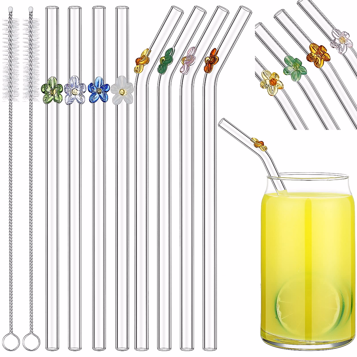 Colorful Flower Shatter Resistant Bend Glass Drinking Straws Smoothie Straws for Milkshakes 7.8 x 3 Inch Glass Straws with Cleaning Brush Clear Reusable Straws Long Glass Straws for Drink (8)