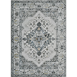 Wasbable Area Rug 5x7 Bedroom - Living Room Stain Resistant Thin Rugs with Rubber Backing - Large Grey Indoor Floor Carpet for Dining Room Office，Grey/Cream