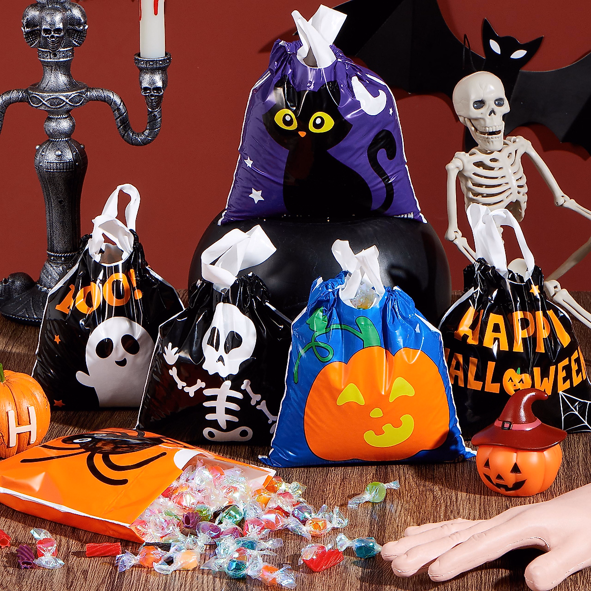 JOYIN 96 Pcs Halloween Drawstring Candy Bags, Small Trick or Treat Bags Bulk, Plastic Goodie Bags for Trick or Treating, Gift Bags for Kids Boys Girls Halloween Party Favors Supplies