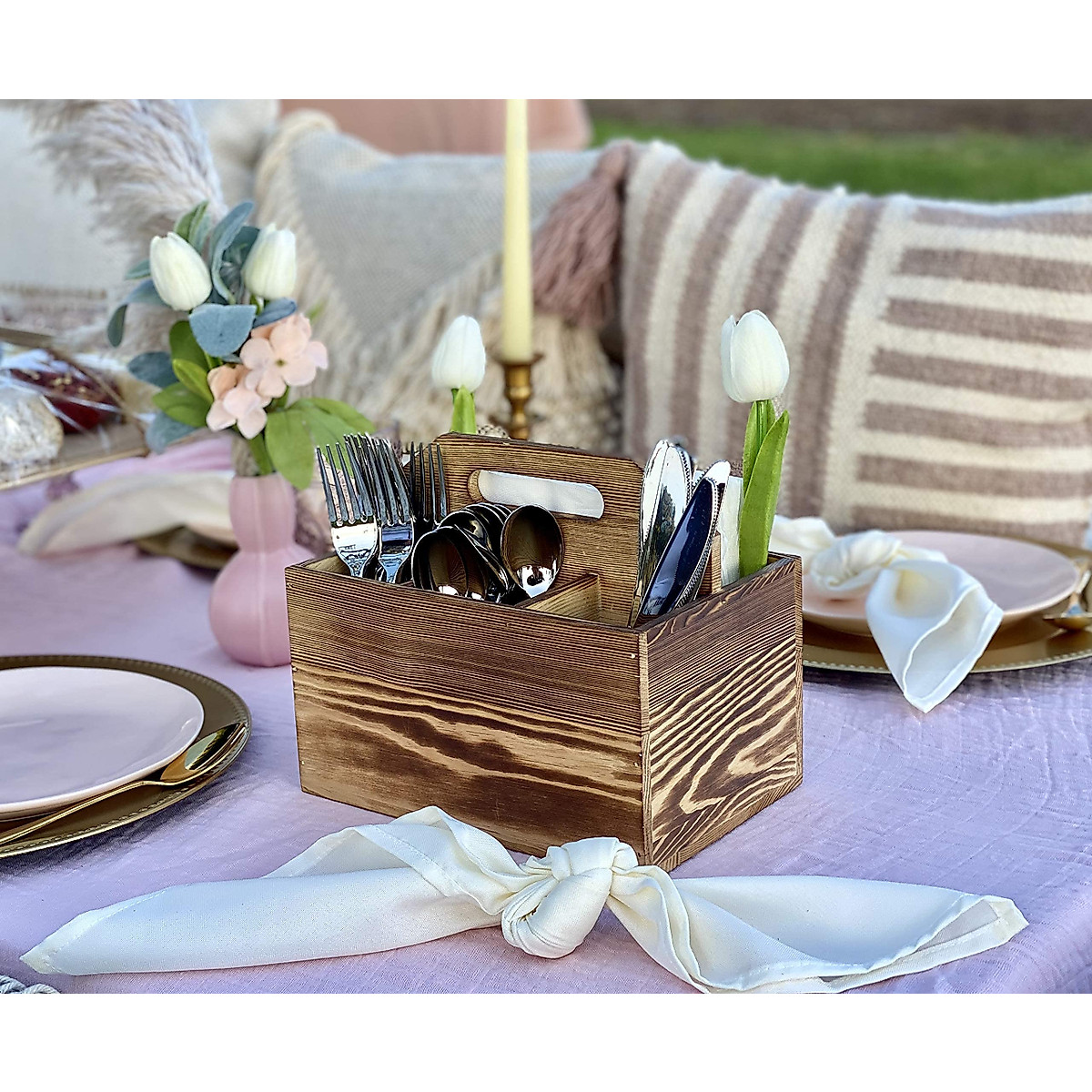 Utensil and Napkin Holder Flatware Caddy with Handle in Rustic Wood for Forks, Spoons and Knives, Silverware Organizer