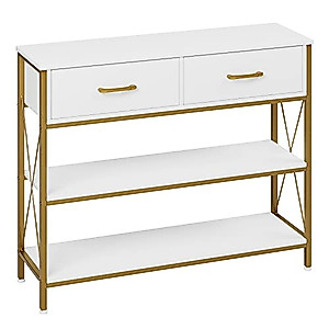 HITHOS Industrial Console Table with Drawers, Vintage Hallway Foyer Table with Storage Shelves, Narrow Long Sofa Entryway Table for Living Room, White/Gold