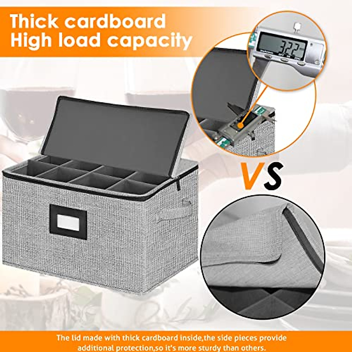 homyfort Wine Glass Storage Boxes with Dividers,China Storage Containers Stemware Chest Boxes Holds 12 Wine Glass or Crystal Glassware with Label Window and Handles,Hard Shell and Stackable (Grey)