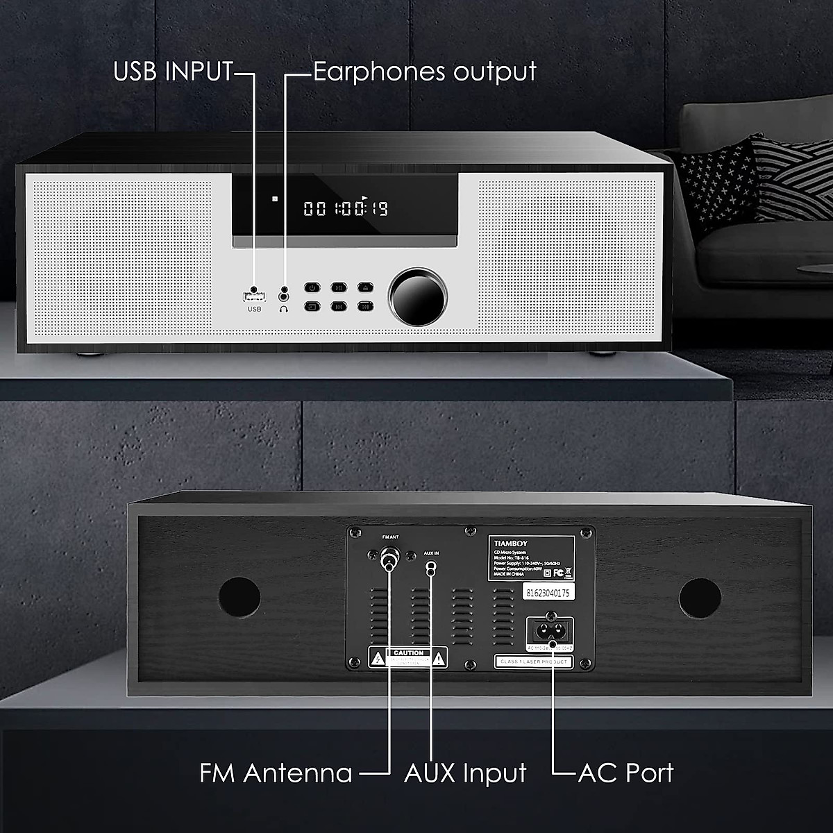 Vintage Home CD Stereo System, 40W RMS Micro Component with CD Player, Bluetooth, USB Playback, FM Radio, AUX-in & Earhpones Output, Clear Sounds & Rich Bass (TB-816 Black)