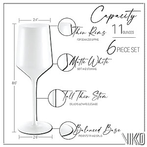 Vikko Décor Matte White Wine Glasses | Thin, Handblown Glass – Tall, Elegant Stem – Dishwasher Safe – 11 Ounce Cup – Set of 6 Stunning Wine Glasses – 8.6” x 2.4”