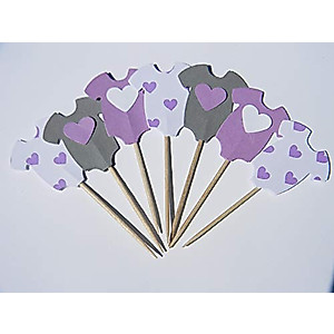 24 mixed onesie cupcake toppers food picks - Lavender and Gray with hearts - baby shower decor decorations