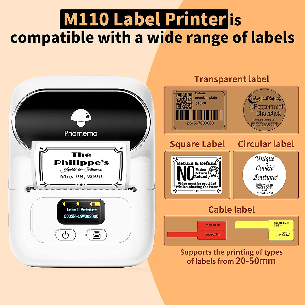 Label Maker Machine,Phomemo M110 Portable Bluetooth Label Printer for Storage, Shipping, Barcode, Mailing, Office, Home, Organizing, Sticker Maker Mini Label Maker with Multiple Templates