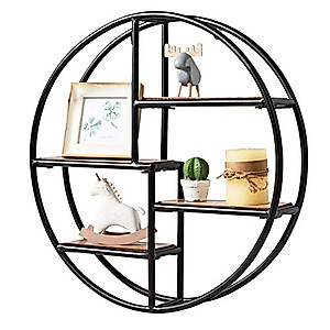 Tangkula Round Wall Shelf, Wall-Mounted Circular Shelf, Wood & Iron Wall Hanging Shelves, 4-Tier Circle Shelf Wall Decor for Home Office, Circular Floating Shelves (1, Black)