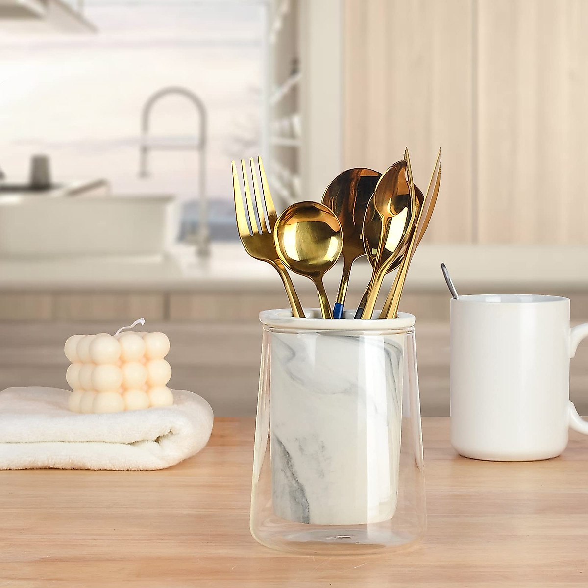 Silverware Caddy, Marble Style Utensil Caddy, Silverware Holder, 3.38″ Utensil Crock with Ceramic Filter Water Utensil Holder and Glass Water Storage Container, Cutlery Caddy, ANTIS'S HOME
