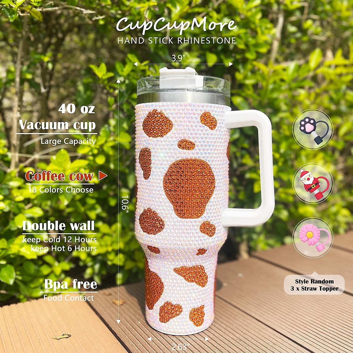 Cupcupmore 40oz Coffee Cow Bling Rhinestone Stainless Steel Sippy Tumbler Glitter Vacuum Insulated Water Bottle with Straw & Lid & Handle,Thermos for Hot & Cold Drinks,Car Cup Holder,Coffee