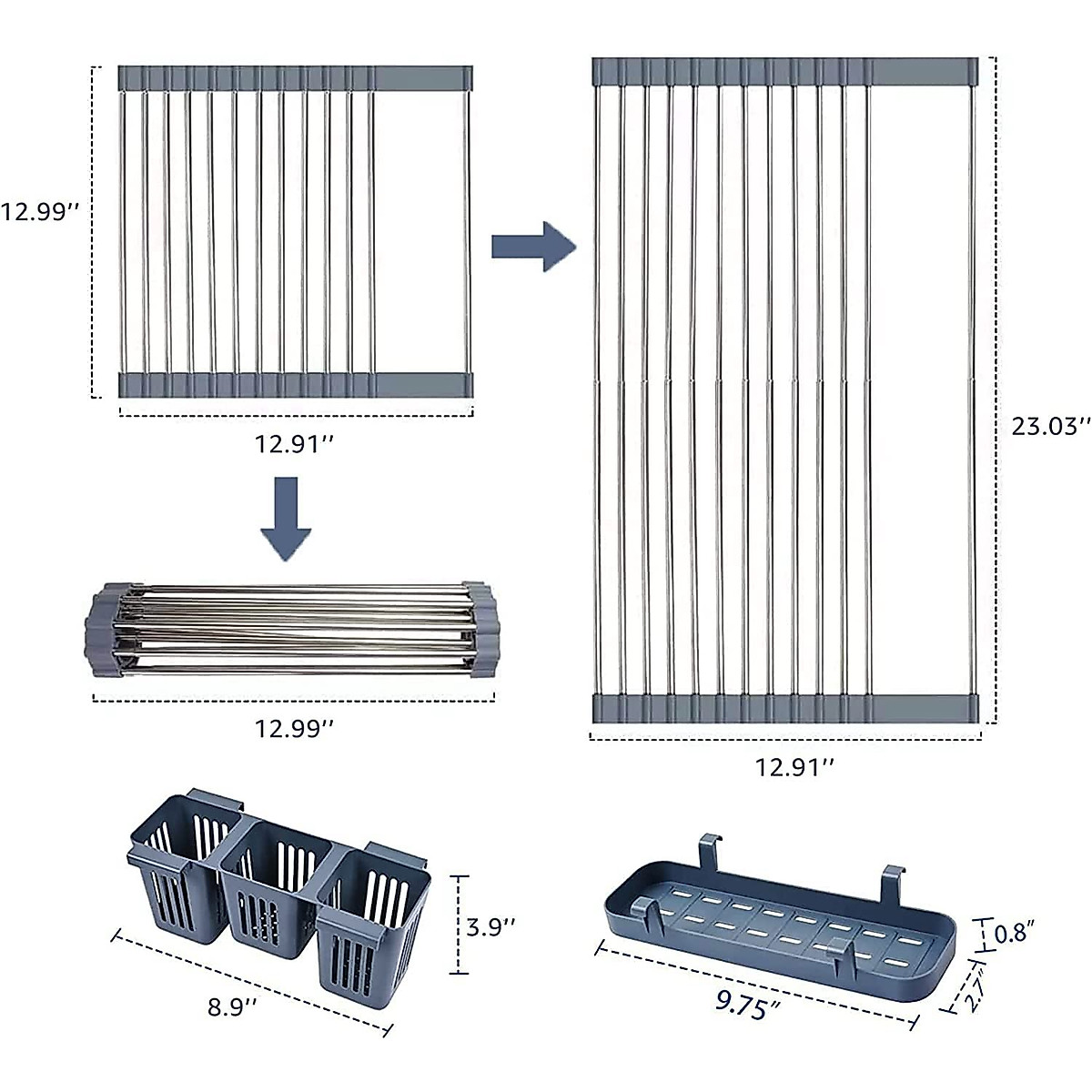 Expandable roll-up dish dryer rack, up to 22.8 inches, with 2 storage baskets, in sink kitchen roll-up dish drainer dish dryer rack in sink, foldable, rollable, for kitchen utensils, cups,forks