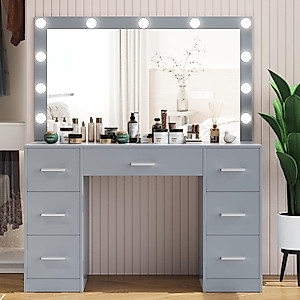 Irontar Vanity Table, Makeup Table with Lighted Mirror, 3 Color Lighting Modes, Brightness Adjustable, Dressing Table with Drawers, Vanity Desk for Women, Gray