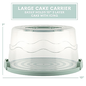 MosJos Extra Large Cake Carrier, Cake Stand with Lid and Foldable Handles - Multifunctional Serving Platter and Cake Plate - Cake Container with Dome and Strong Snaps 13 x 13 x 7 inch (Green)