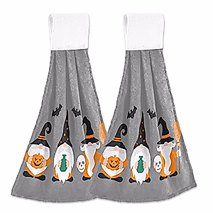 Halloween Gnomes Bats Hanging Kitchen Towels Pumpkin Skull Broom Hand Towel 2PCS Dish Cloth Tie Towel Absorbent Oven Stove Washcloth with Loop for Bathroom Home Decorative
