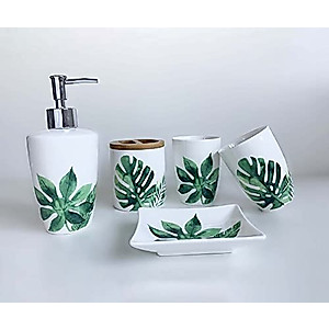 Green Tropical Bathroom Accessory Sets Sturdy Housewarming Gift 5 Pieces Ceramic Bath Accessories Collection Set Palm Tree Decor Toothbrush Holder Lotion Dispenser Soap Dish Tumbler (Green Tropical)