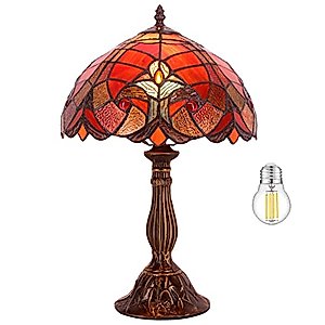 WERFACTORY Tiffany Lamp Red Liaison Stained Glass Table Lamp Desk Bedside Reading Light 12X12X18 Inches Decor Bedroom Living Room Home Office S160R Series