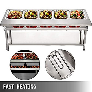VBENLEM Commercial Electric Food Warmer 5 Pot Steam Table Food Warmer 18 Quart/Pan with Lids with 7 Inch Cutting Board Food Grade Stainless Steel Steam Table Serving Counter 220V 3750W for Restaurant