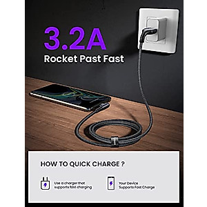 LISEN [3-Pack] 90-Degree USB-C Fast Charging Cables [6.6ft, 3.2A] -Never Rupture - Compatible with Samsung Galaxy S20/S10/S9/Note 10/9