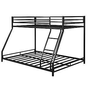 JJRY Twin Over Full Floor Bunk Bed with Inclined Ladder, Stable Metal Bed Frame for Teens/Kids/Adults (Black)