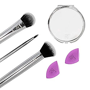 Real Techniques Poppin' Perfection Makeup Brush Set with Makeup Blender Beauty Sponges and Compact Makeup Mirror, Set of 6