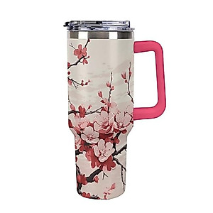 40 Oz Vacuum Tumbler with Light Rose Red Handle Leakproof Insulated Tumbler Japanese Floral Cherry Blossom Stainless Steel Travel Mug with Lid And Straw Coffee Cup Cute Water Bottles Cup Holder Friend