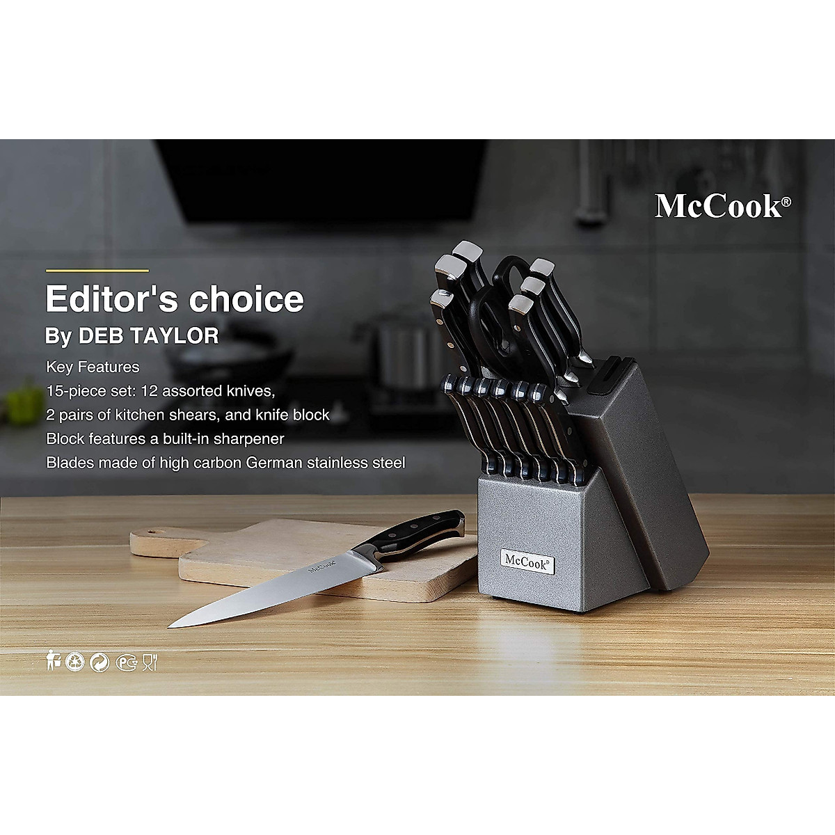 McCook MC25A German Stainless Steel Knife Block Sets with Built-in Sharpener + MCW12 Bamboo Cutting Board (Large, 17”x12”x1”)