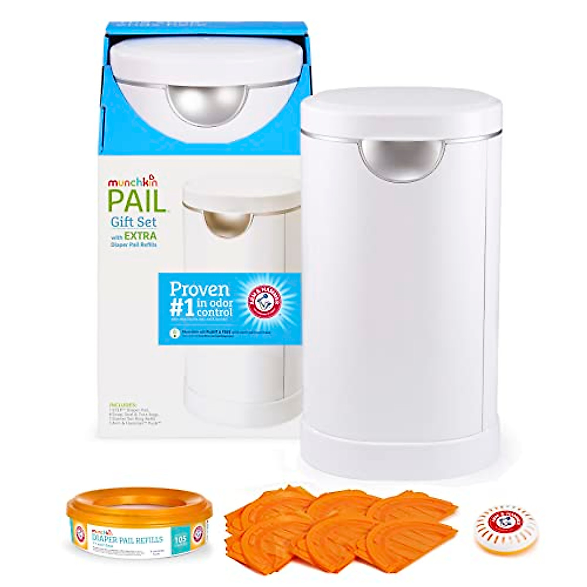Munchkin® Diaper Pail Baby Registry Starter Set, Powered by Arm and Hammer, Includes 1 Month Refill Supply and Baking Soda Puck