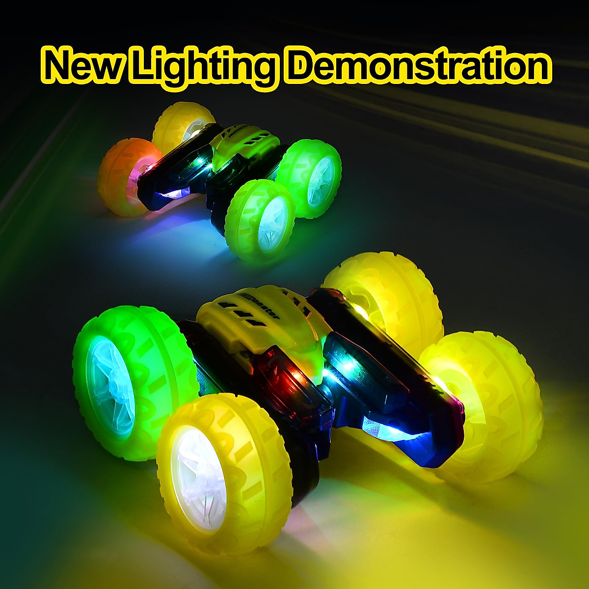 TRIPLEFINE Remote Control Car for Boys & Girls 8-12, LED Fast RC Stunt Car, 2.4GHz RC Cars, 4WD Double Side 360° Rotating RC Cars, Remote Control Car for Kids with Rechargeable Battery(Yellow)