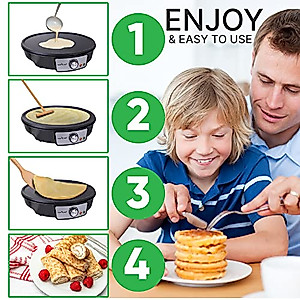 Electric Crepe Maker Pan & Griddle - 12 Inch Nonstick Aluminum Cooktop with LED Indicators & Adjustable Temperature Control - Includes Spatula, Batter Spreader - Perfect for Crepes, Roti & Pancakes.