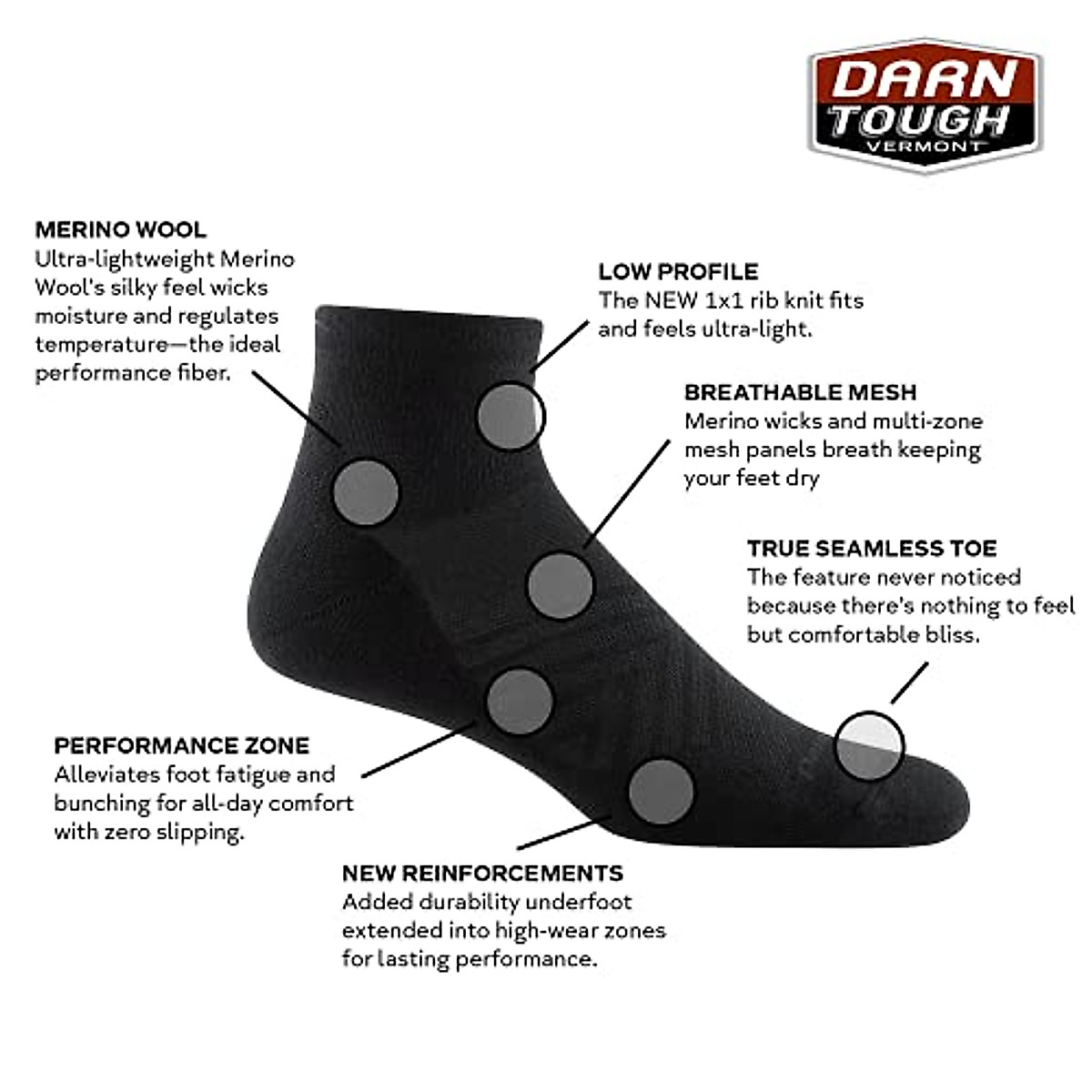 Darn Tough (1055) Run Coolmax 1/4 Ultra-Lightweight with Cushion Men's Sock - (Black, X-Large)