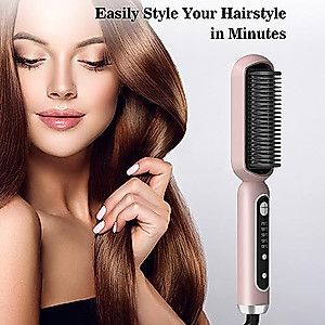 2023 Upgraded Hair Straightener Brush - Professional Ionic Hair Straightener Comb for Women, Hair Care & Ease Frizz, Anti-Scald, 5 Temp Settings for Home,Travel & Salon (Pink)