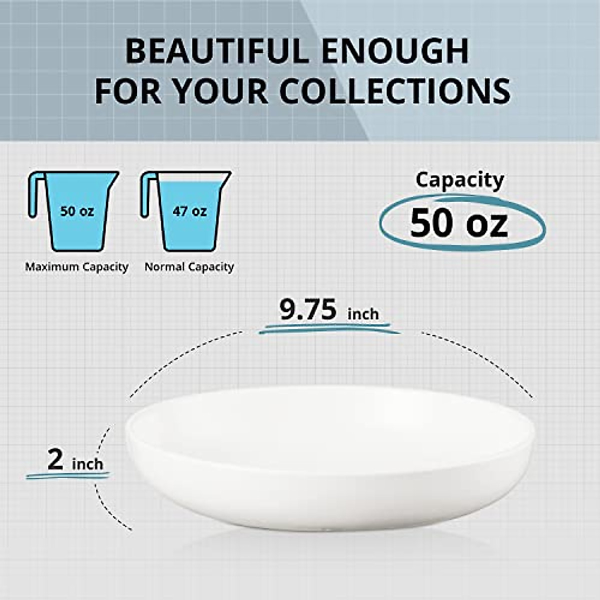 LIFVER 9.75" Large Pasta Bowls, 50 Ounces Salad Bowls Large, White Pasta Bowl Set of 4, Ceramic Pasta Plates Set, Wide Shallow Bowls Set, Microwave Dishwasher Safe