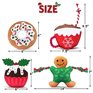 Vansolinne Christmas Dog Squeaky Toy Plush Dog Toys for Small Dogs with Squeakers Interactive Puppy Chew Toys Cute Soft Stuffed Dessert Set of 4