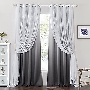 PONY DANCE Living Room Curtains - Blackout Curtains Grey Ombre with White Sheer Overlay Thermal Insulated Mix & Match for Home Decoration with Tie Ropes, W52 x L84 inch, 2 Panels