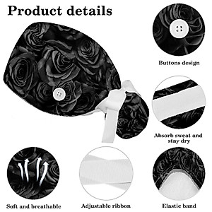 Adjustable Black Roses Scrub Cap, Working Hat Hair Cover with Ponytail Pouch, Soft Bouffant Surgical Nurse Cap
